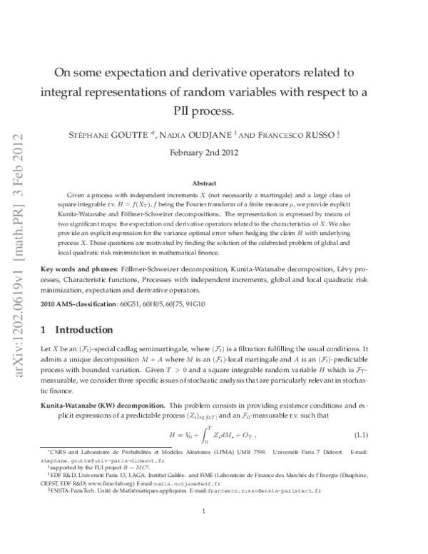 (PDF) On Some Expectation and Derivative Operators Related to Integral Representations of Random ...