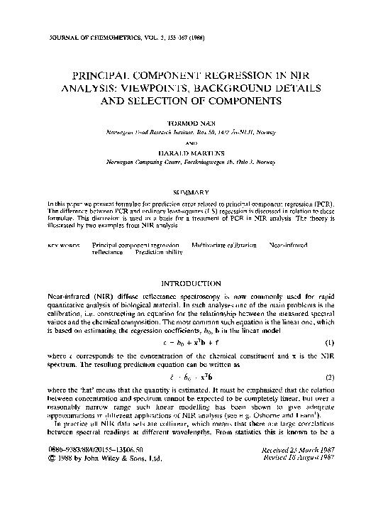 Pdf Principal Component Regression In Nir Analysis Viewpoints Background Details And