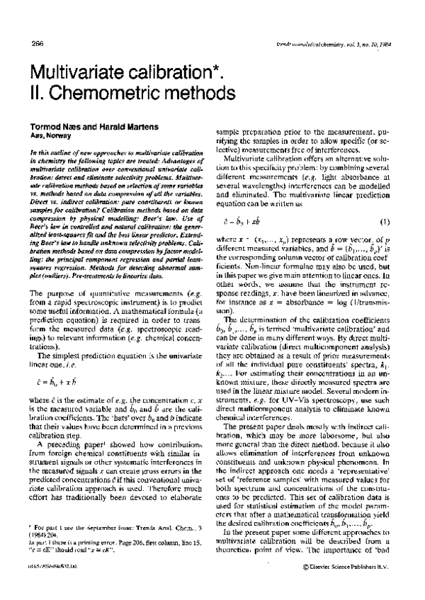 Pdf Multivariate Calibration Ii Chemometric Methods