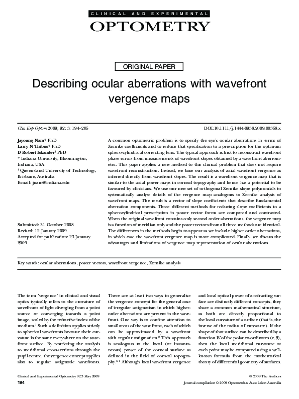 (PDF) Describing ocular aberrations with wavefront vergence maps