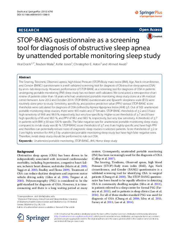(PDF) STOP-BANG Questionnaire as a Screening Tool for Diagnosis of ...