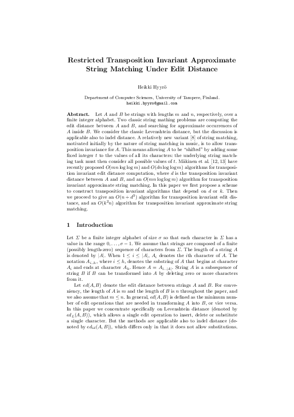 Pdf Restricted Transposition Invariant Approximate String Matching Under Edit Distance