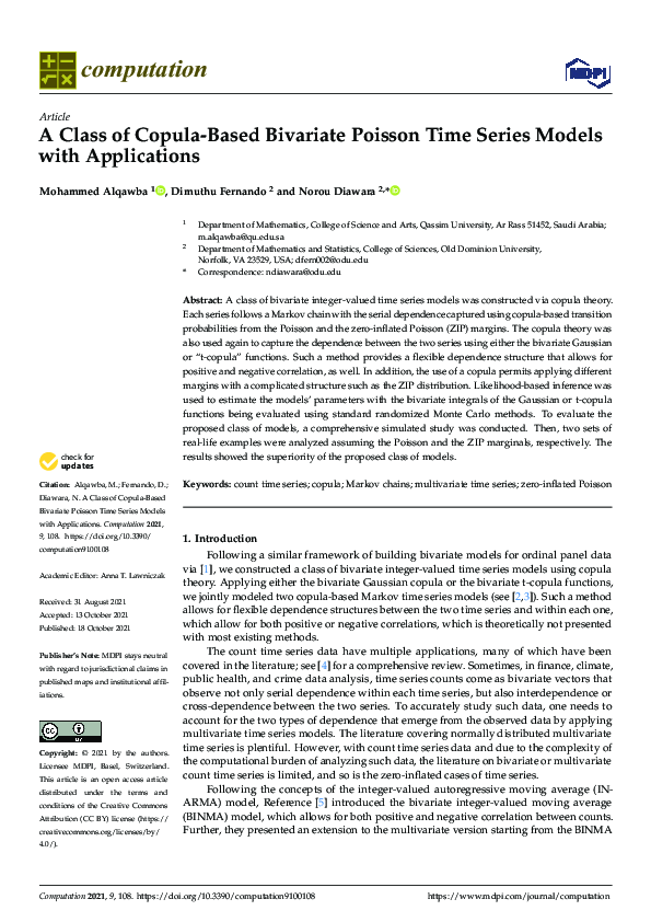 (PDF) A Class of Copula-Based Bivariate Poisson Time Series Models with Applications