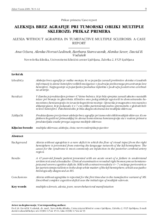 (PDF) Alexia Without Agraphia in Tumefactive Multiple Sclerosis: A Case Repor