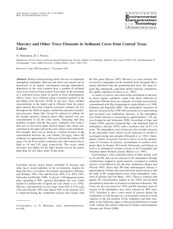 (PDF) Mercury and Other Trace Elements in Sediment Cores from Central ...