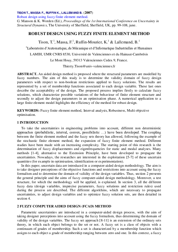 (PDF) Robust design using fuzzy finite element method | Thierry Tison - Academia.edu