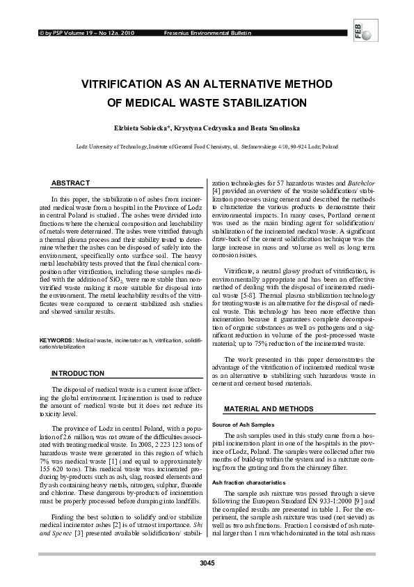 (PDF) Vitrification of medical waste as an alternative method of wastes ...