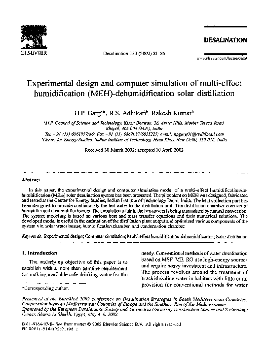 (PDF) Experimental design and computer simulation of multi-effect humidification (MEH ...