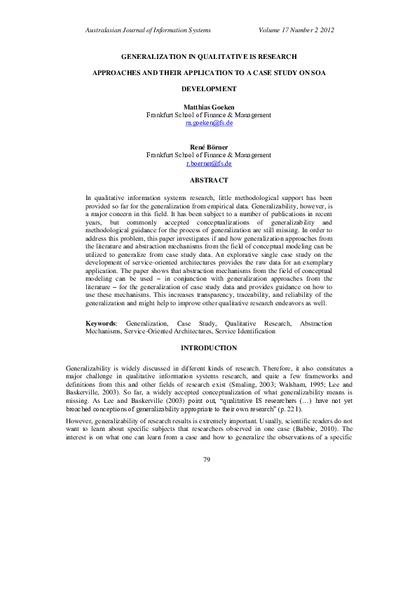 (PDF) Generalization in Qualitative IS Research - Approaches and their Application to a Case ...