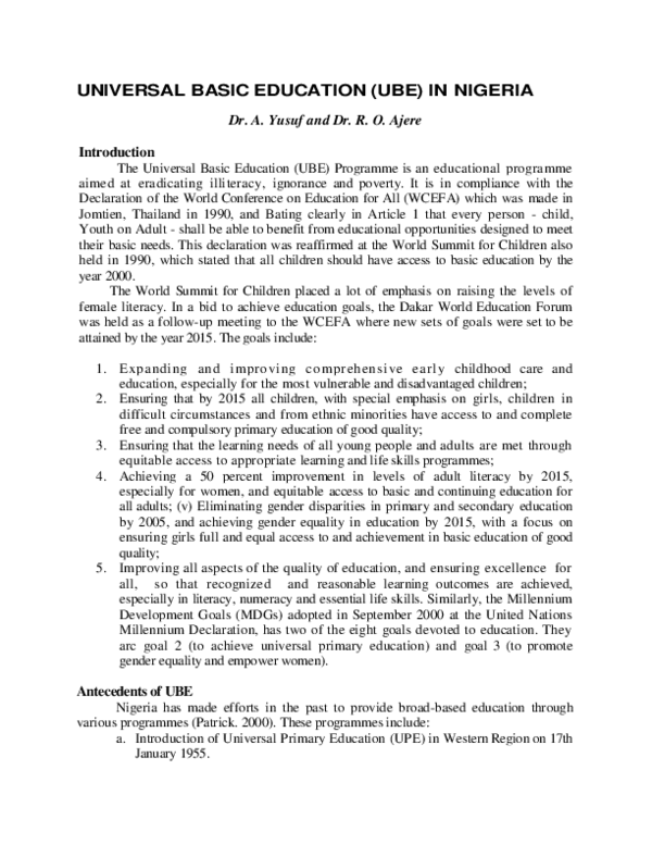 (PDF) UNIVERSAL BASIC EDUCATION (UBE) IN NIGERIA