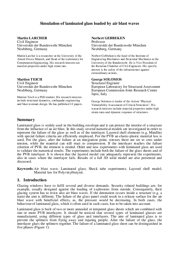 (PDF) Simulation of Laminated Glass Loaded by Air Blast Waves | Norbert Gebbeken - Academia.edu
