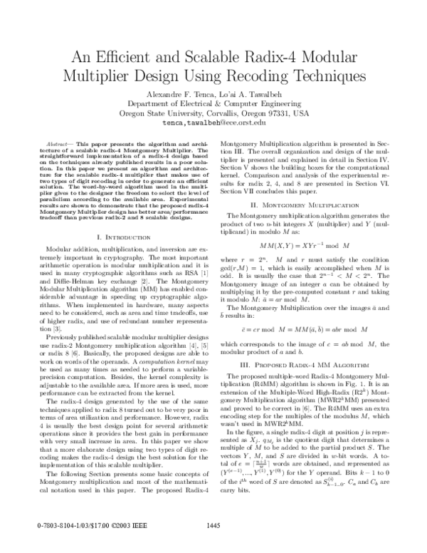 (PDF) An efficient and scalable radix-4 modular multiplier design using recoding techniques