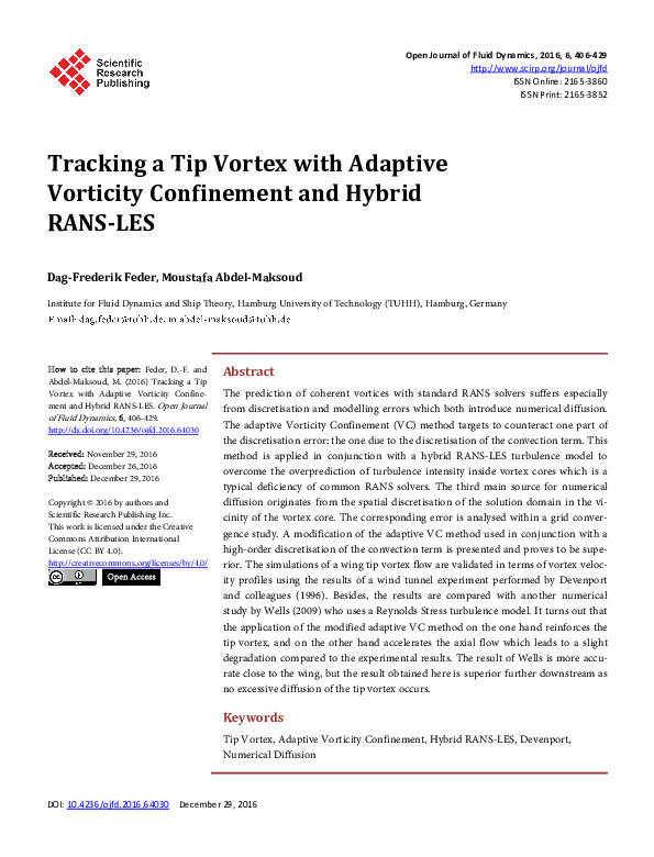 (PDF) Tracking a Tip Vortex with Adaptive Vorticity Confinement and Hybrid RANS-LES