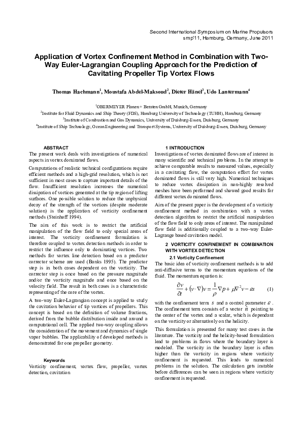 (PDF) Application of Vortex Confinement Method in Combination with Two- Way Euler-Lagrangian ...