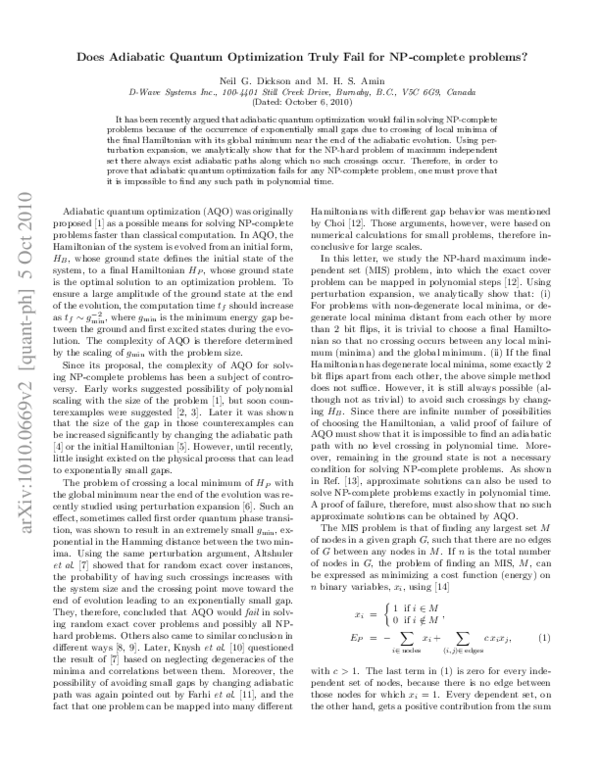 (PDF) Does Adiabatic Quantum Optimization Fail for NP-Complete Problems?