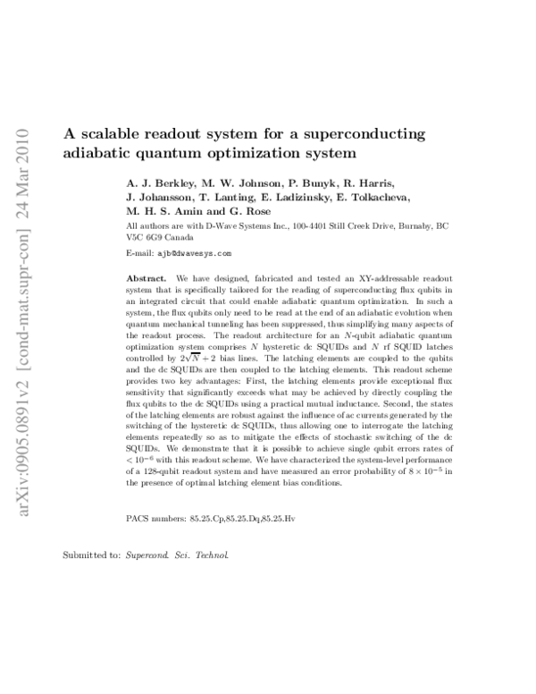 Pdf A Scalable Readout System For A Superconducting Adiabatic Quantum Optimization System 1030