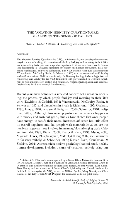 (PDF) The vocation identity questionnaire: Measuring the sense of calling