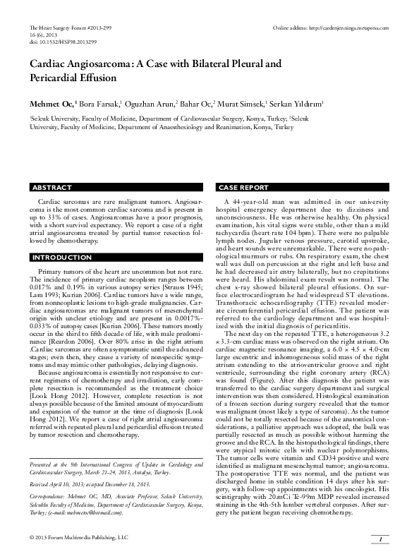 (PDF) Cardiac Angiosarcoma: A Case with Bilateral Pleural and Pericardial Effusion