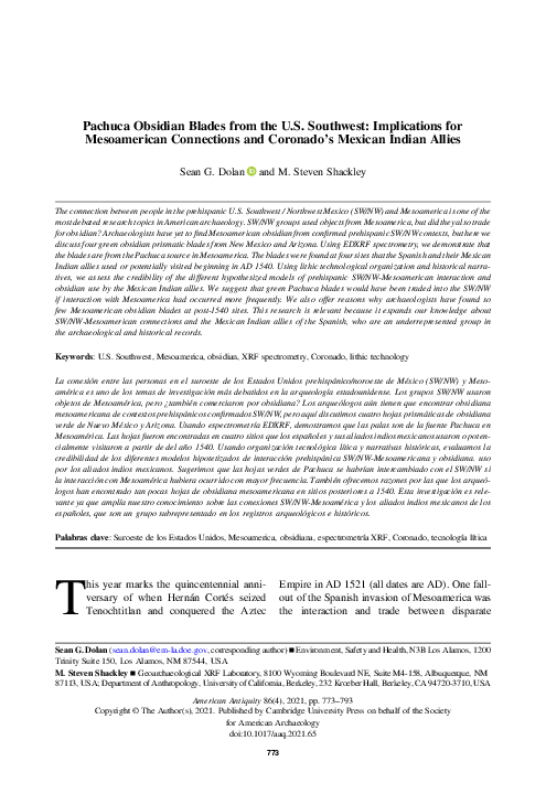 (PDF) Pachuca Obsidian Blades from the U.S. Southwest: Implications for ...