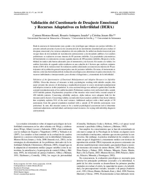(PDF) Validaci n del Cuestionario de Desajuste Emocional y Recursos Adaptativos en Infertilidad ...