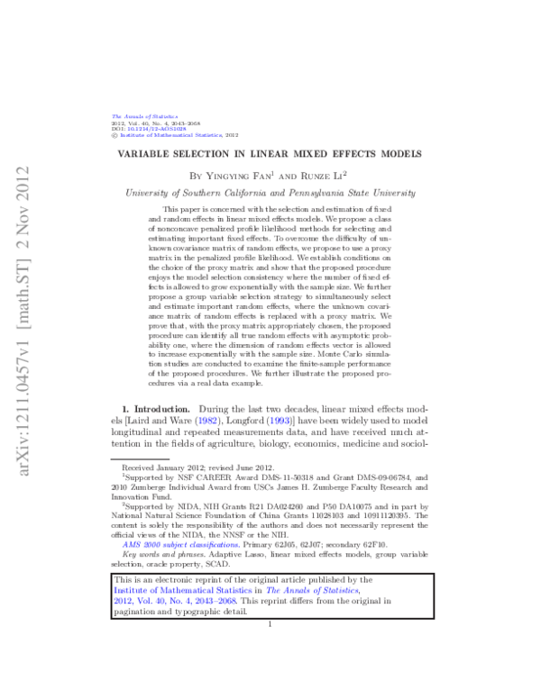 Pdf Variable Selection In Linear Mixed Effects Models