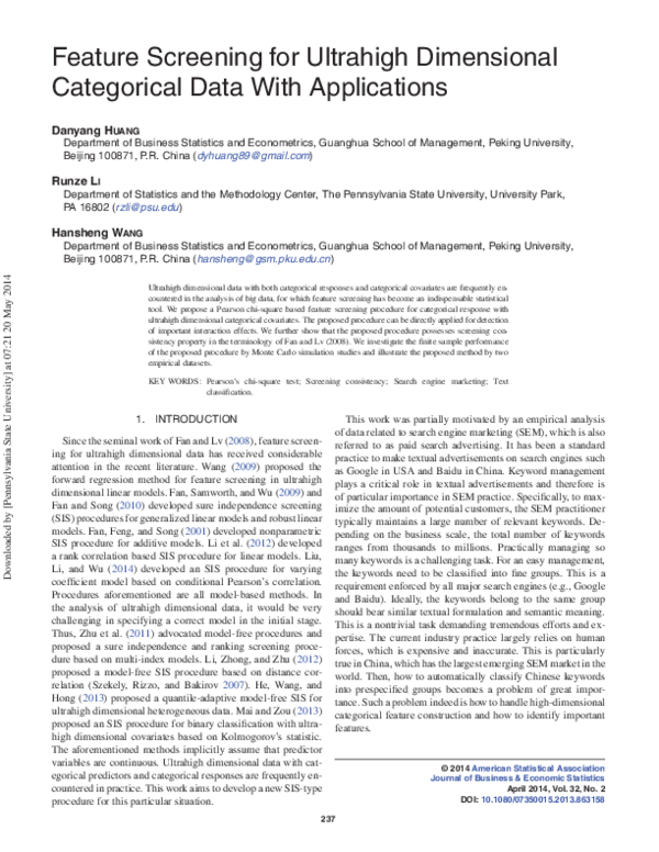 (PDF) Feature Screening for Ultrahigh Dimensional Categorical Data with Applications