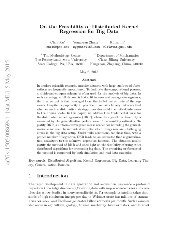 Pdf On The Feasibility Of Distributed Kernel Regression For Big Data