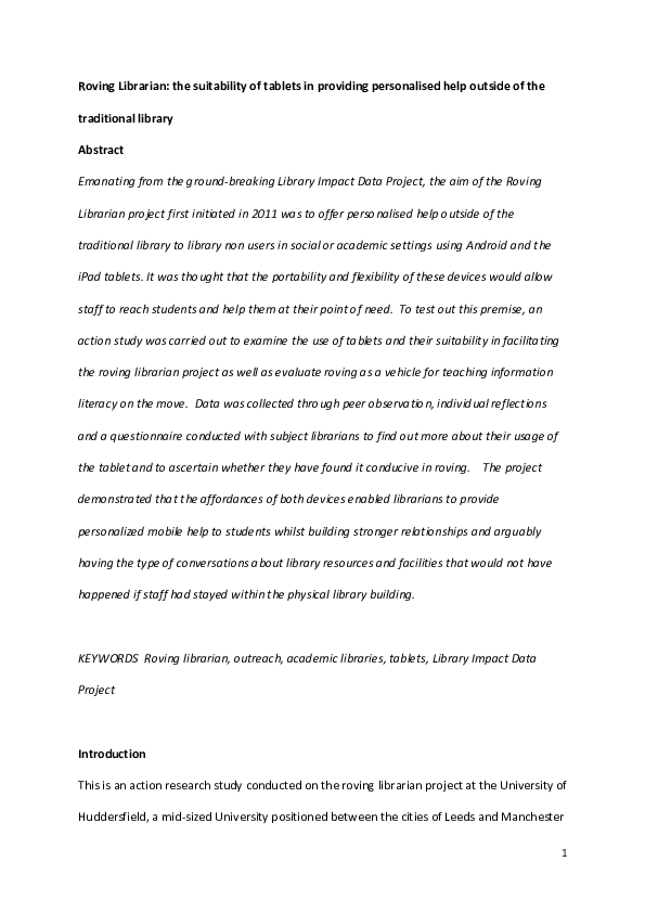 (PDF) Roving Librarian: The Suitability of Tablets in Providing ...