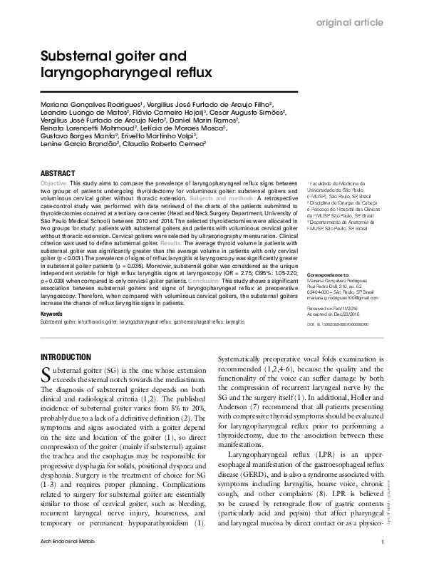 (PDF) Substernal goiter and laryngopharyngeal reflux