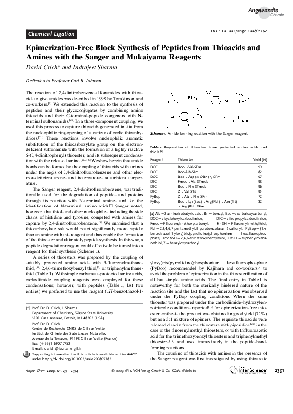 (PDF) Epimerization-Free Block Synthesis of Peptides from Thioacids and ...