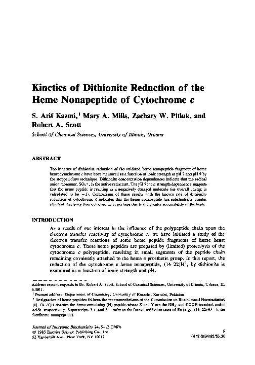 (PDF) Dithionite Reduction Kinetics of Cytochrome c Heme Nonapeptide