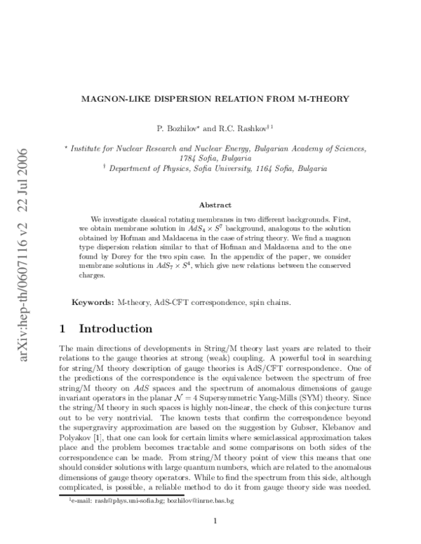 (PDF) Magnon-like dispersion relation from M-theory