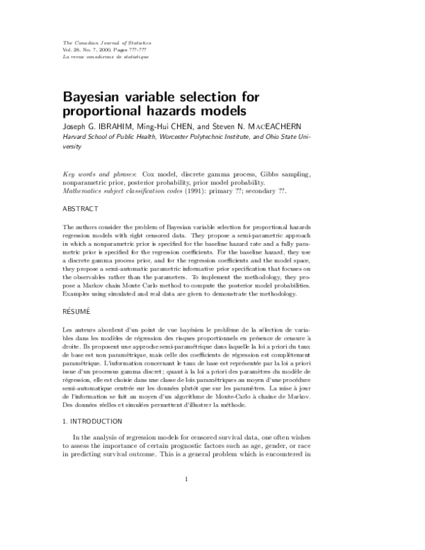 (PDF) Bayesian variable selection for proportional hazards models