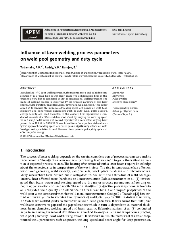 (PDF) Influence of laser welding process parameters on weld pool geometry and duty cycle | Ashok ...
