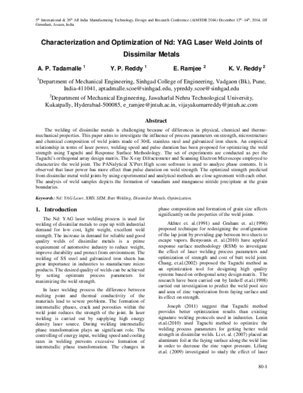 (PDF) Characterization and Optimization of Nd: YAG Laser Weld Joints of Dissimilar Metals