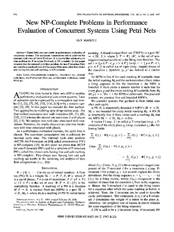 (PDF) New NP-Complete Problems in Performance Evaluation of Concurrent Systems Using Petri Nets