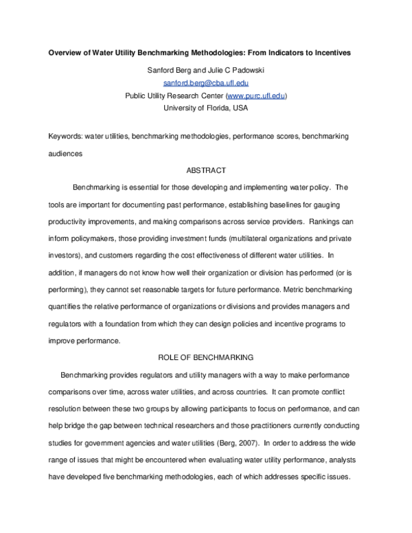 (PDF) Overview of Water Utility Benchmarking Methodologies: From Indicators to Incentives