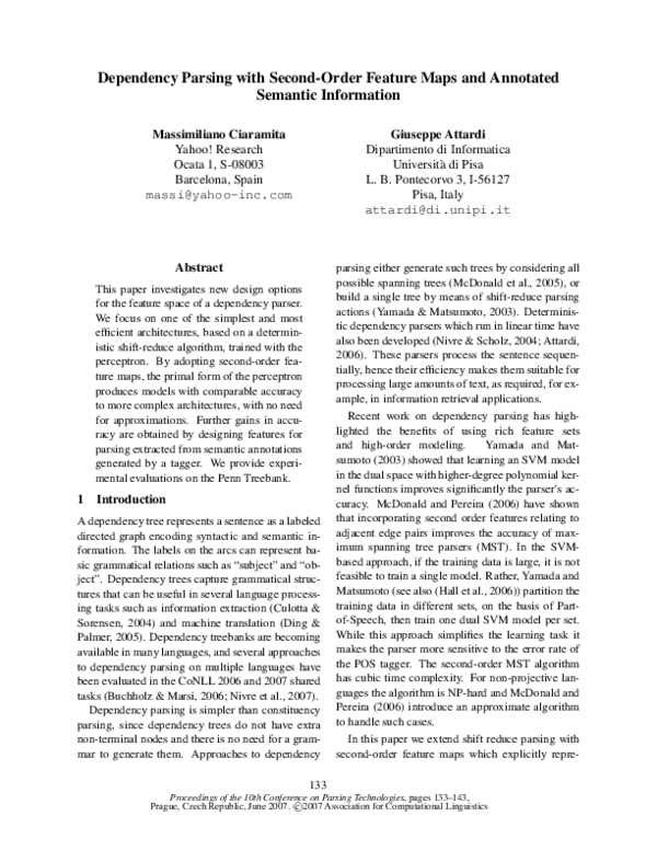Pdf Dependency Parsing With Second Order Feature Maps And Annotated Semantic Information