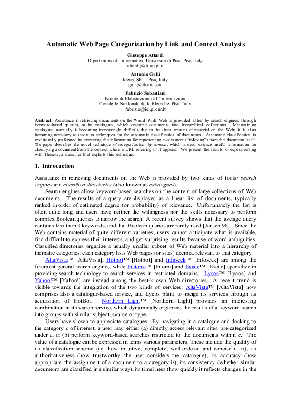 (PDF) Automatic web page categorization by link and content analysis
