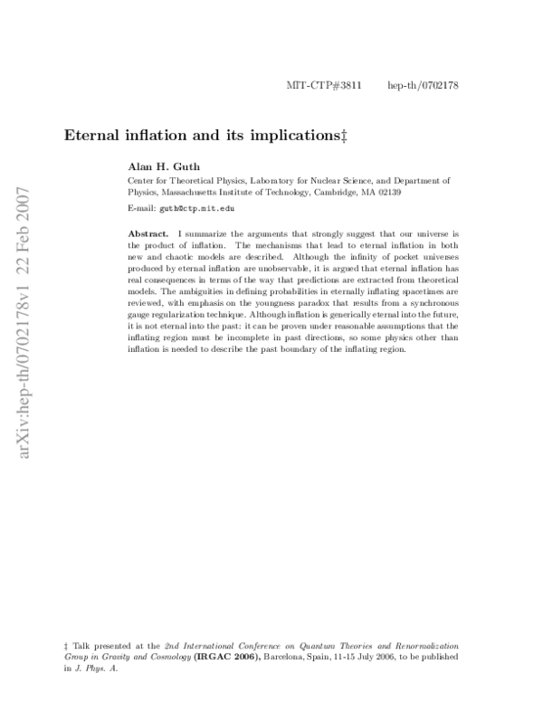 (PDF) Eternal inflation and its implications