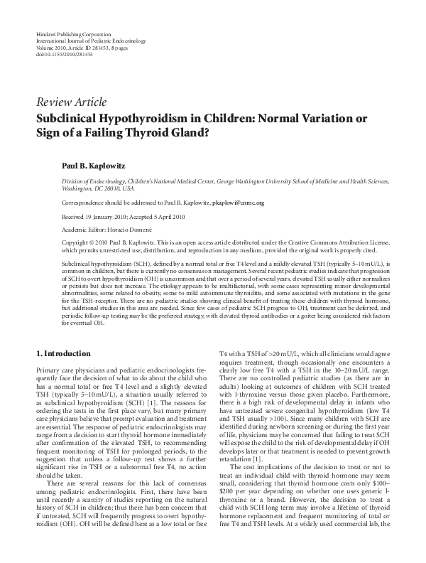 (PDF) Subclinical hypothyroidism in children: normal variation or sign ...