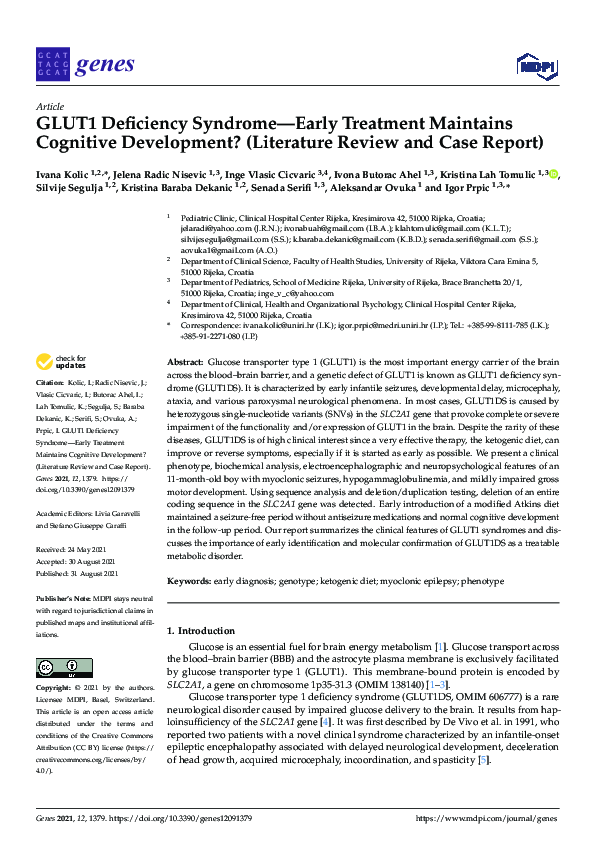 (PDF) GLUT1 Deficiency Syndrome—Early Treatment Maintains Cognitive ...