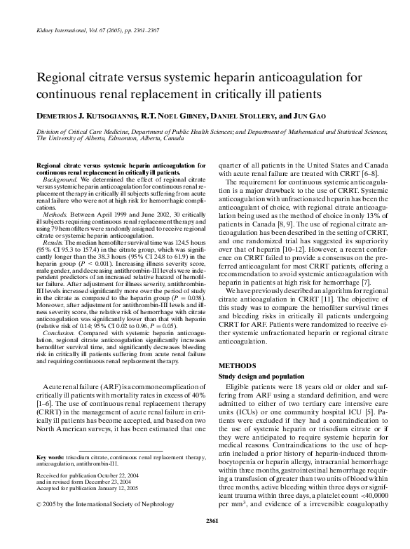 (PDF) Regional citrate versus systemic heparin anticoagulation for ...