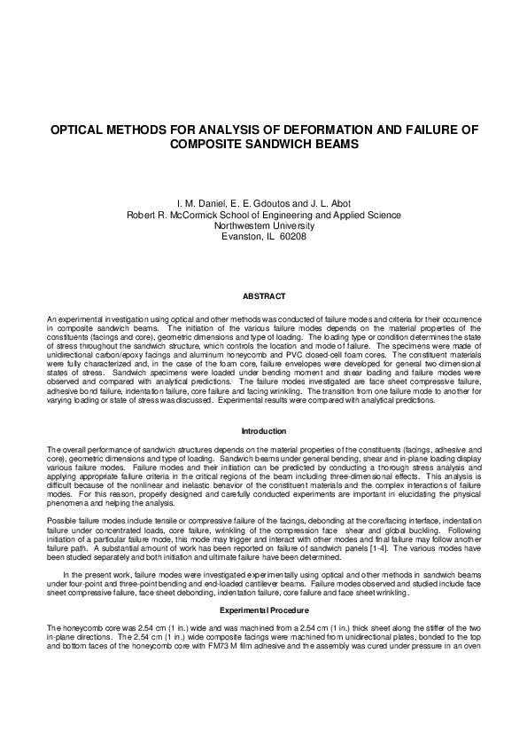 (PDF) Optical Methods for Analysis of Deformation and Failure of Composite Sandwich Beams
