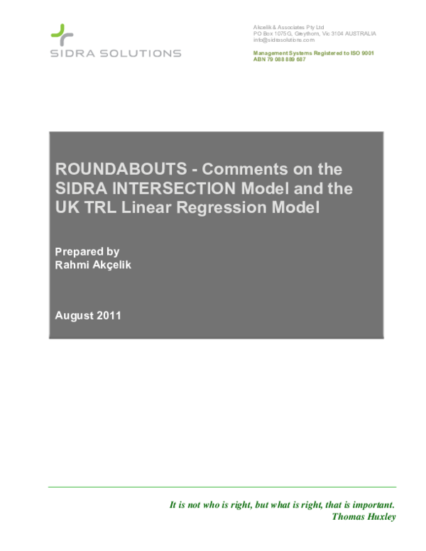(PDF) ROUNDABOUTS-Comments on the SIDRA INTERSECTION Model and the UK TRL Linear Regression Model