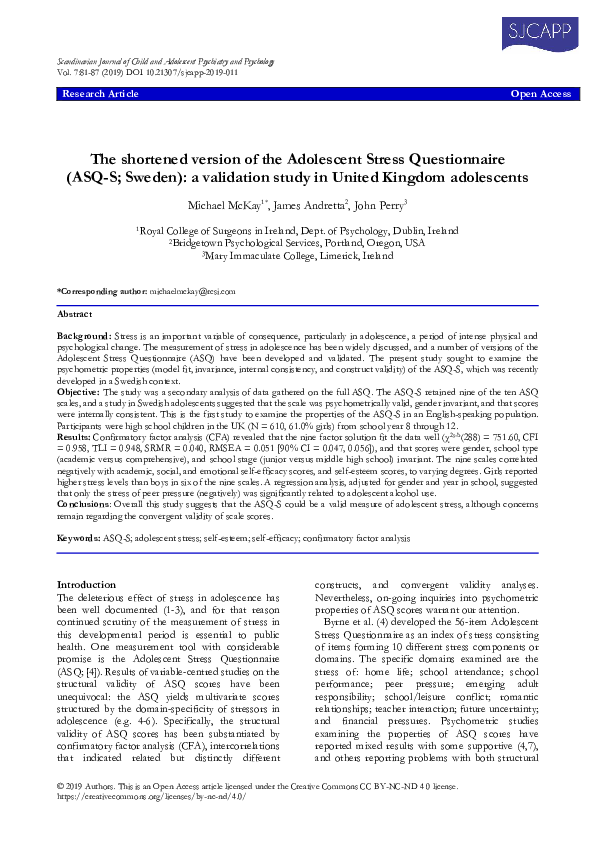 (PDF) The shortened version of the Adolescent Stress Questionnaire (ASQ ...