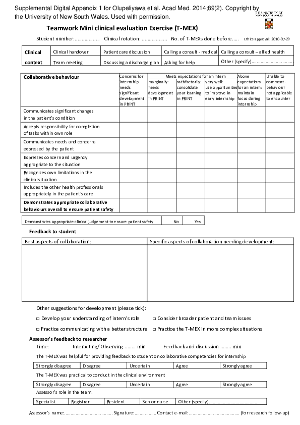 (PDF) The Teamwork Mini-Clinical Evaluation Exercise (T-MEX)