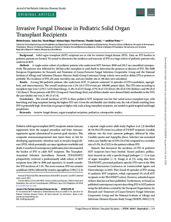 (PDF) Invasive Fungal Disease in Pediatric Solid Organ Transplant Recipients