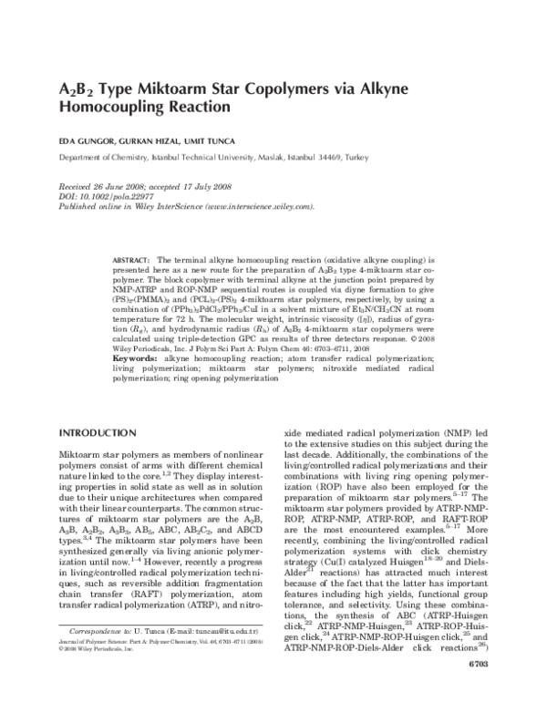 (PDF) A2B2 Type Miktoarm Star Copolymers via Alkyne Homocoupling Reaction