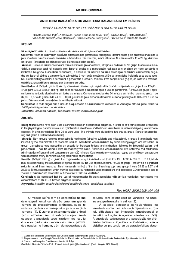 (PDF) Inhalation Anesthesia or Balanced Anesthesia in Swine